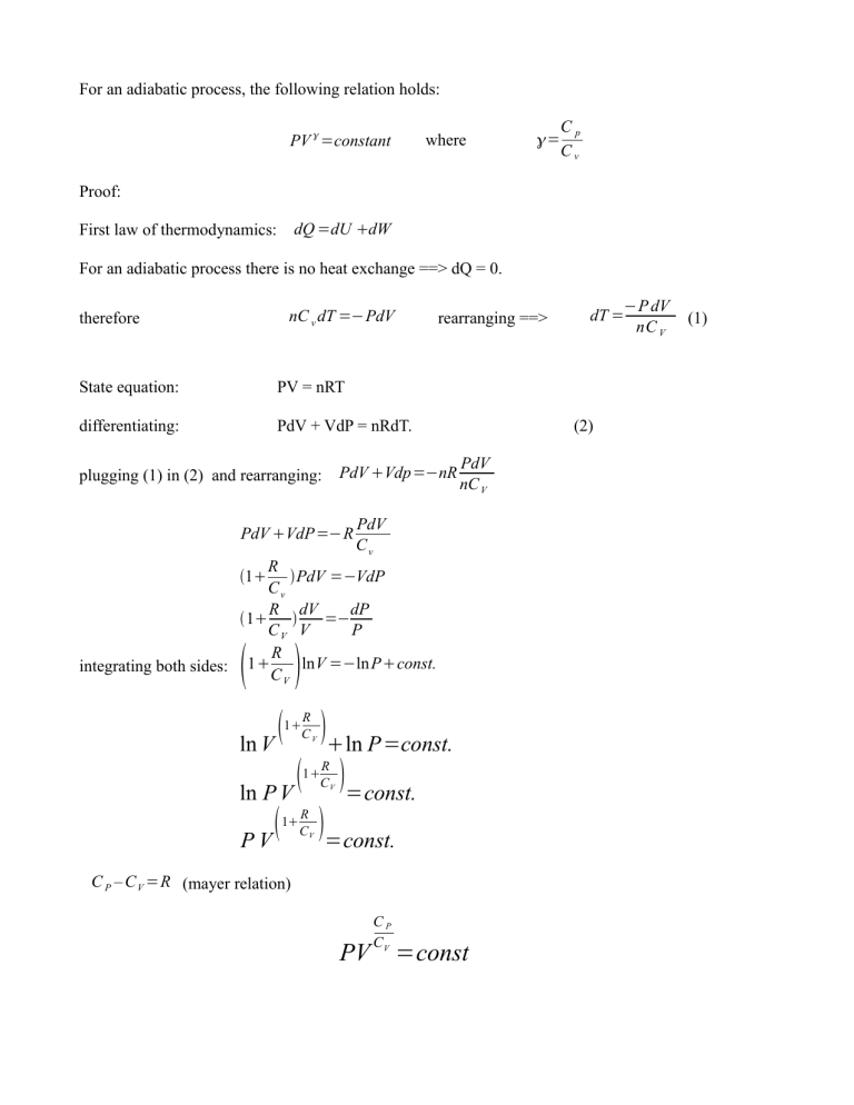 Adiabatic Process Proof: Thermodynamics Derivation