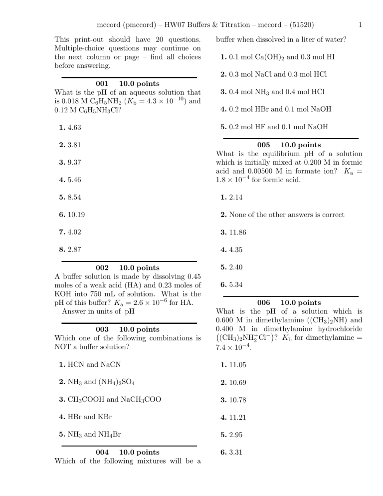 Buffers & Titration Homework: pH Calculations & Titration Curves