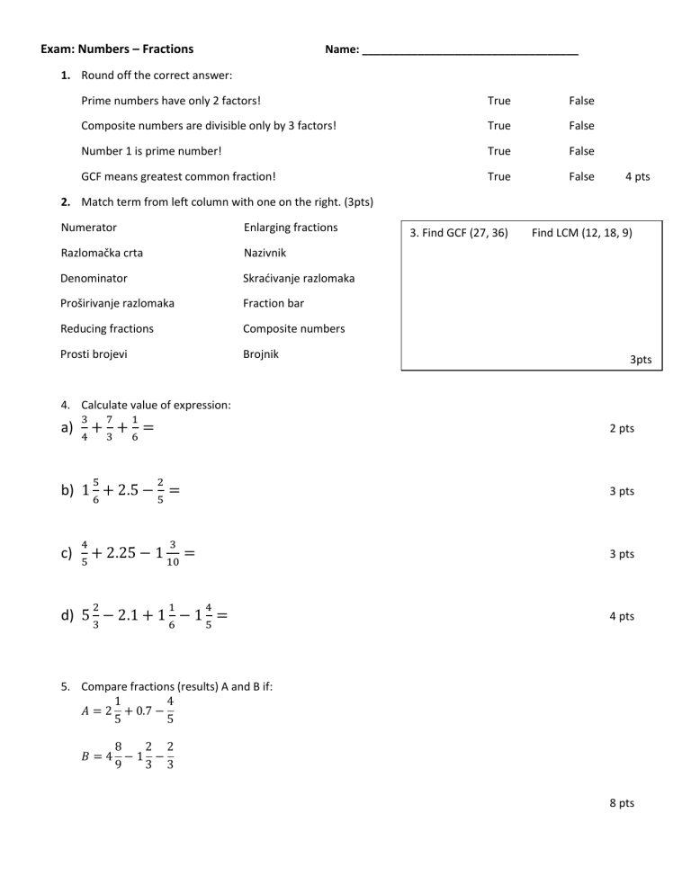 Exam Numbers Fractions