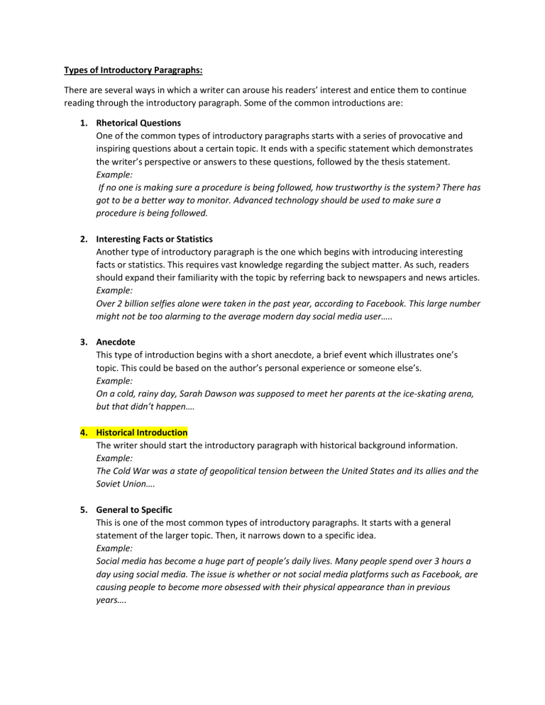 Types Of Introductory Paragraphs