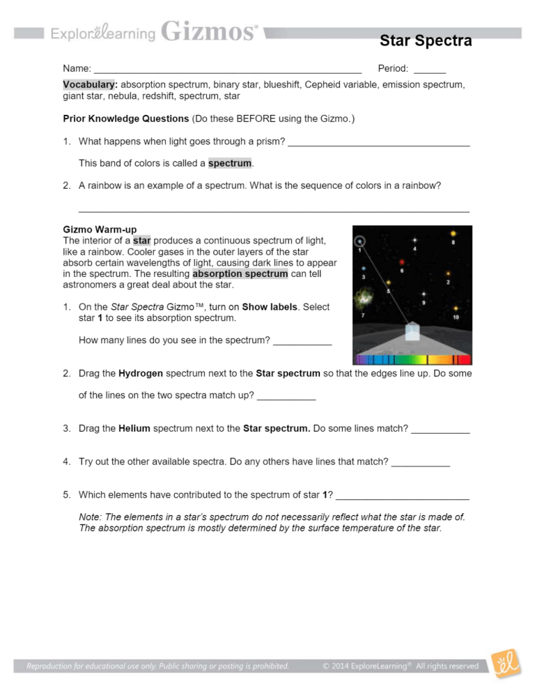 Star Spectra Worksheet: Analyzing Stellar Composition