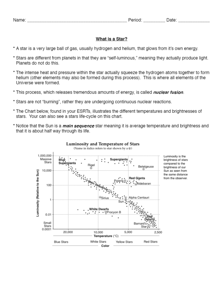 Stars: Luminosity, Temperature, and Life Cycle Worksheet