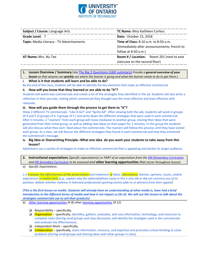 Grade 7 Media Literacy Lesson Plan