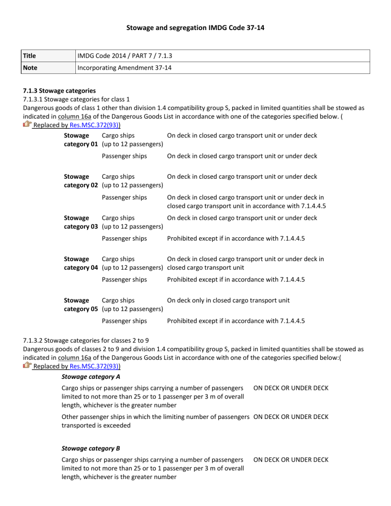 Stowage Codes 37 14 Stowage Codes 37 14