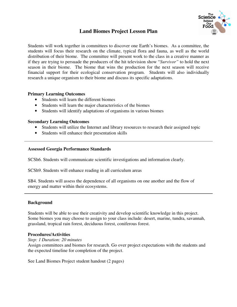 Land Biomes Project: Lesson Plan for Middle School