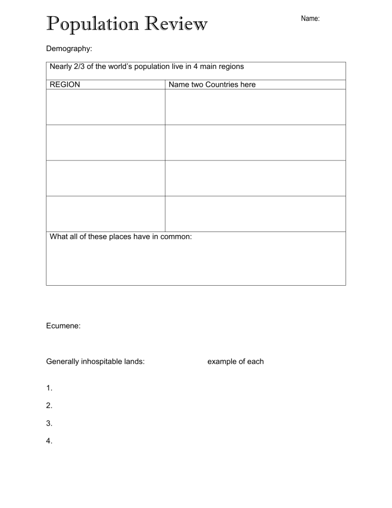 Population Demography Review Worksheet