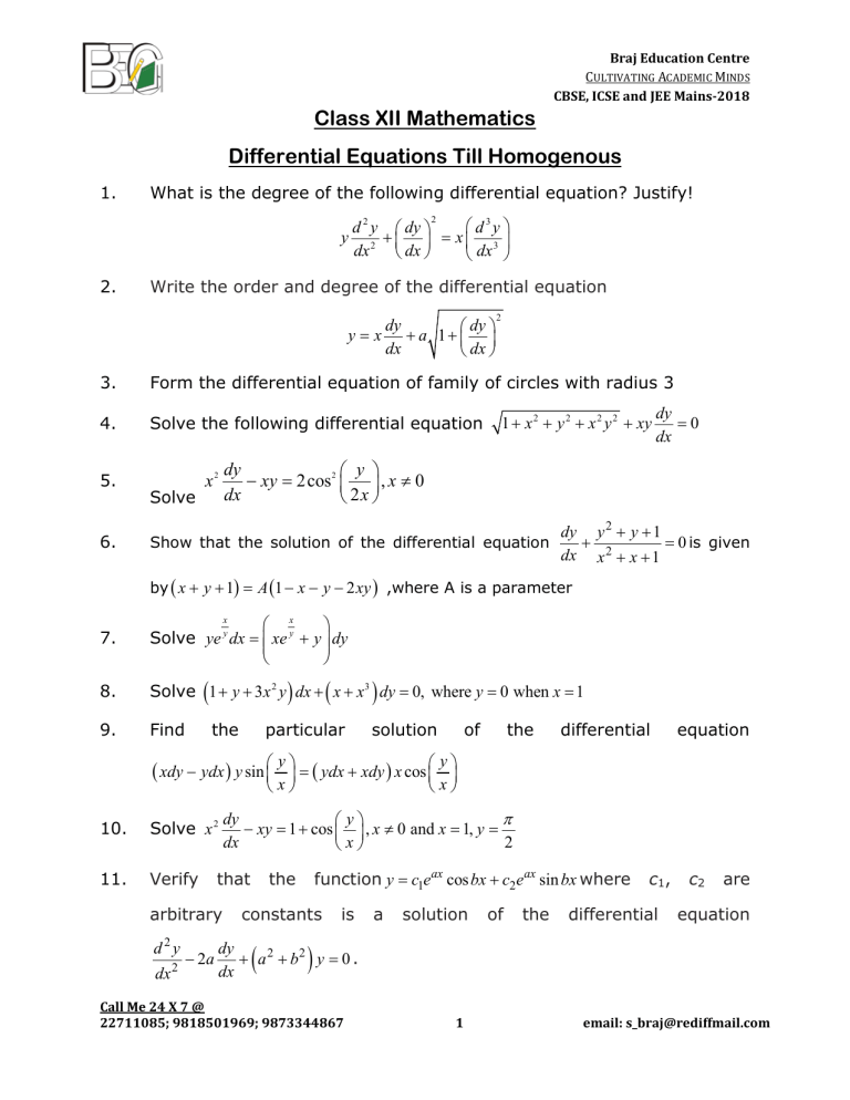 Differential Equations Worksheet for High School