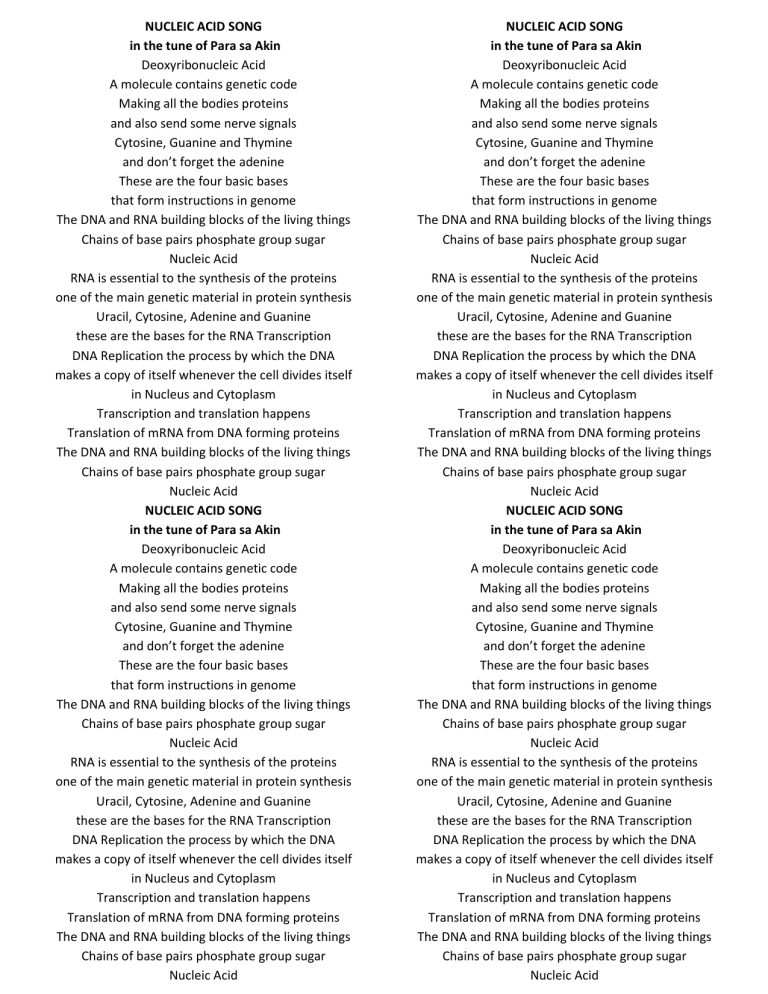Nucleic Acid Song: DNA, RNA, and Protein Synthesis