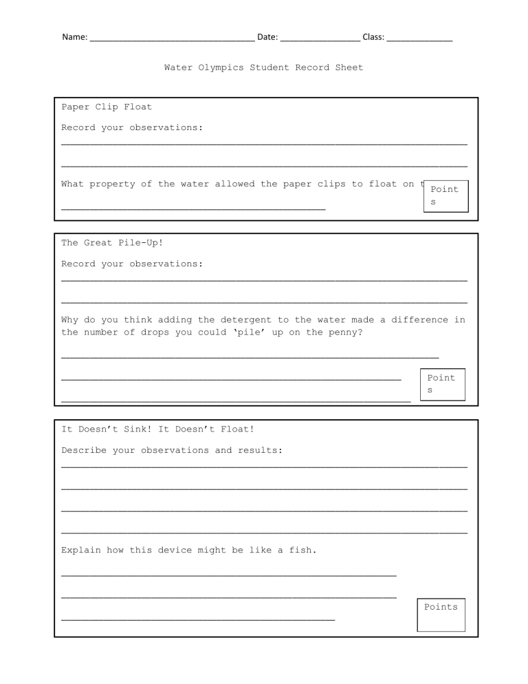 Water Olympics Student Page