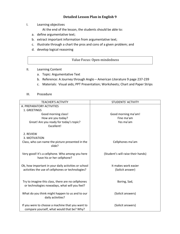 Argumentative Text Grade 9 Lesson Plan Argumentative Text Grade 9 Lesson Plan