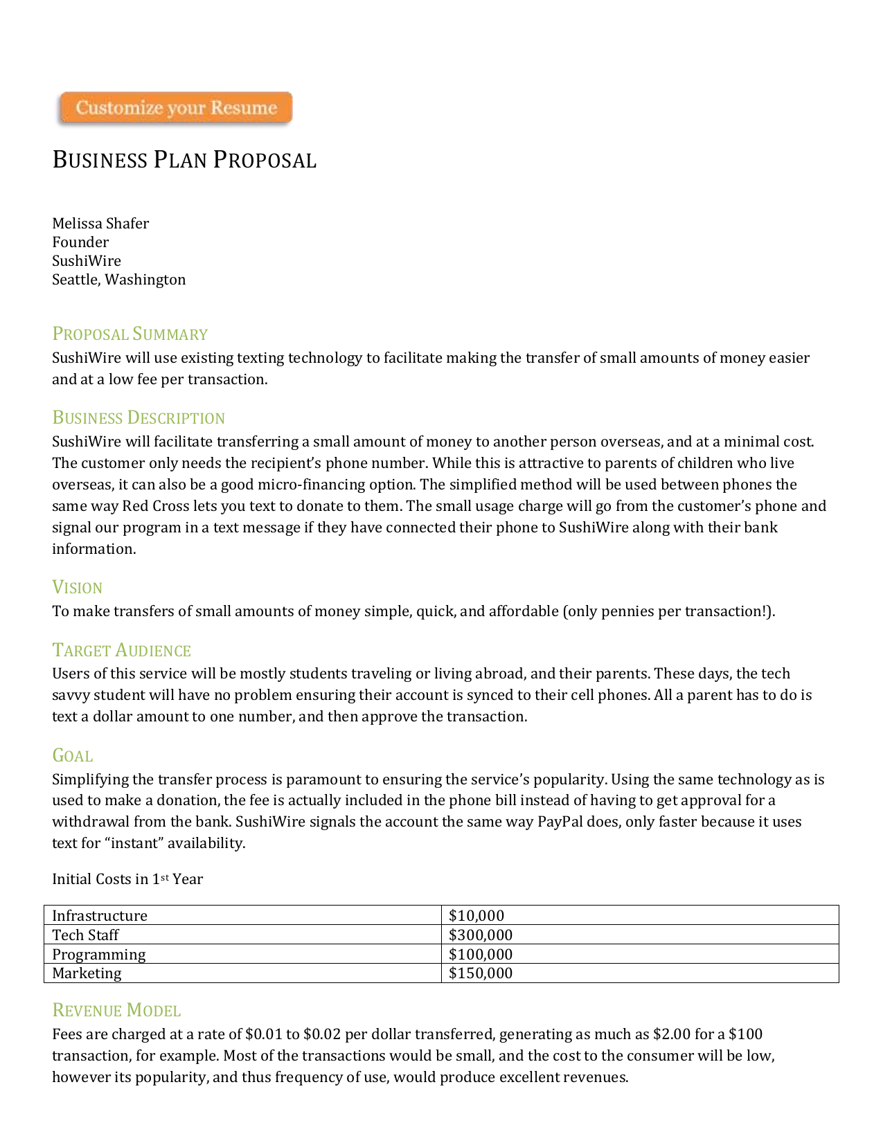 A Business Plan Proposal