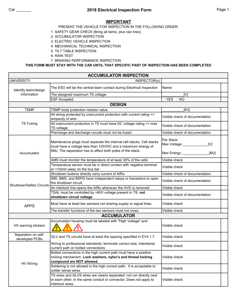 2018 Electrical Inspection Form: Car Safety Checks