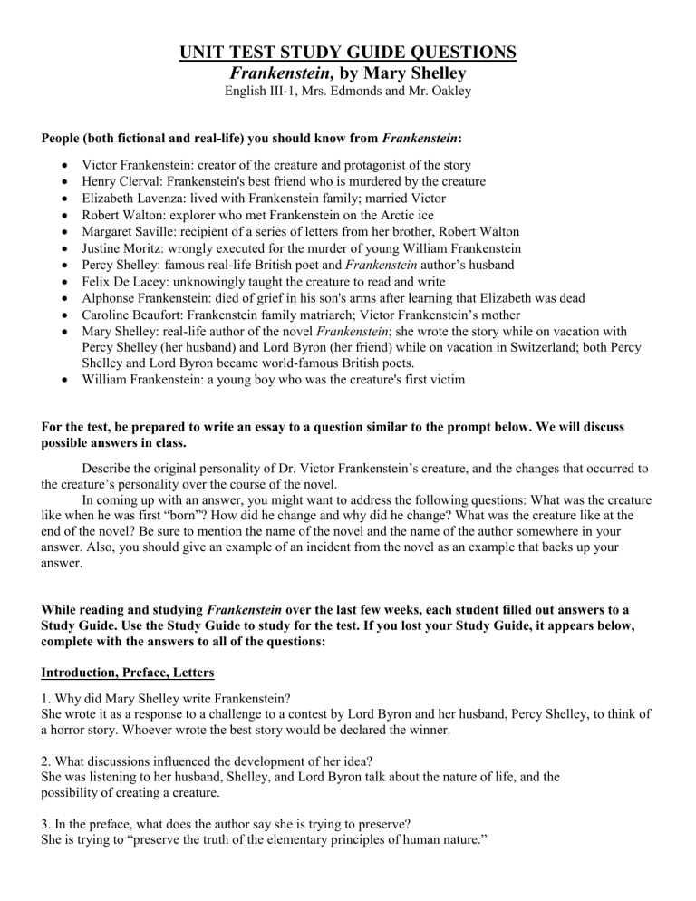 Frankenstein Study Guide: Characters, Plot, and Essay Prep