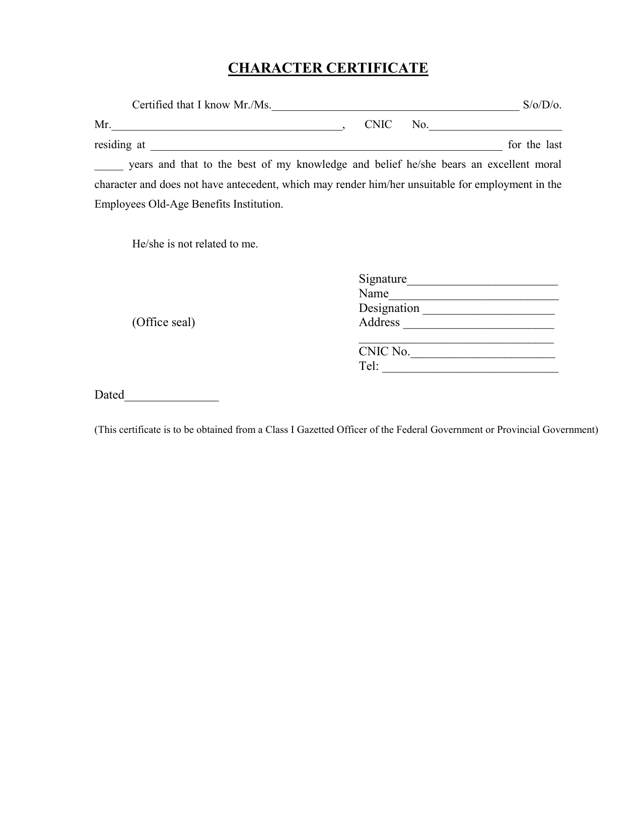 Character Certificate Of School