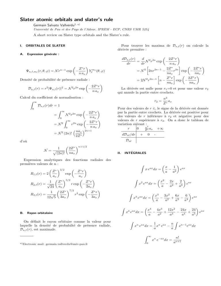 Orbitales de Slater et règle de Slater