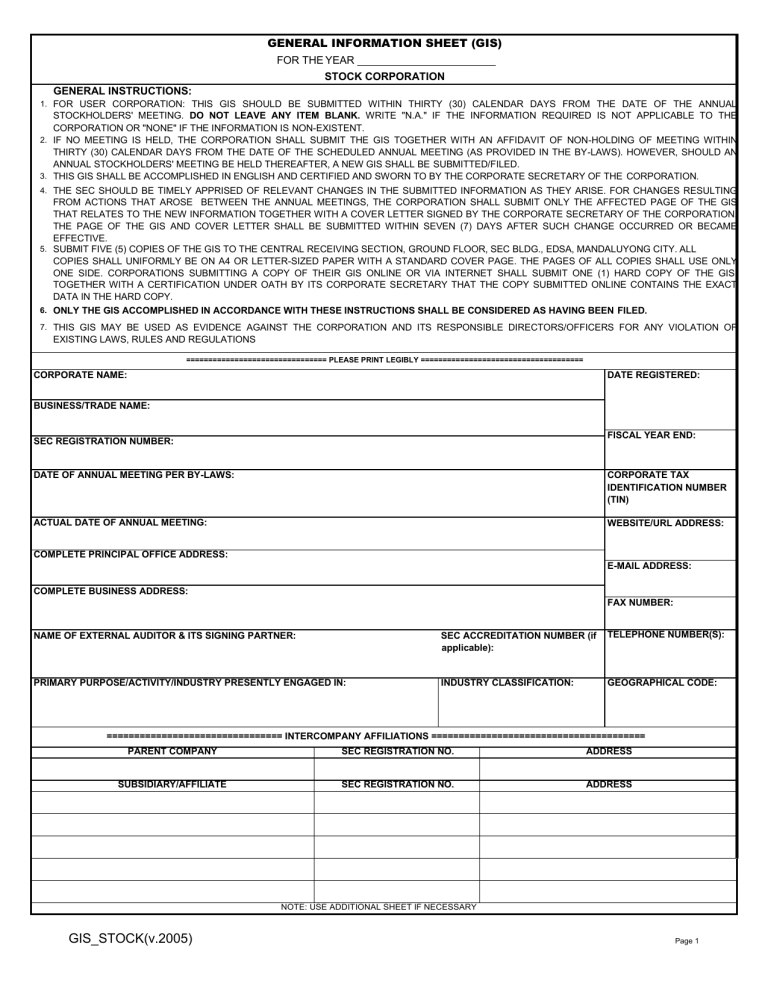 SEC General Information Sheet Stock Corporation SEC General Information Sheet Stock Corporation