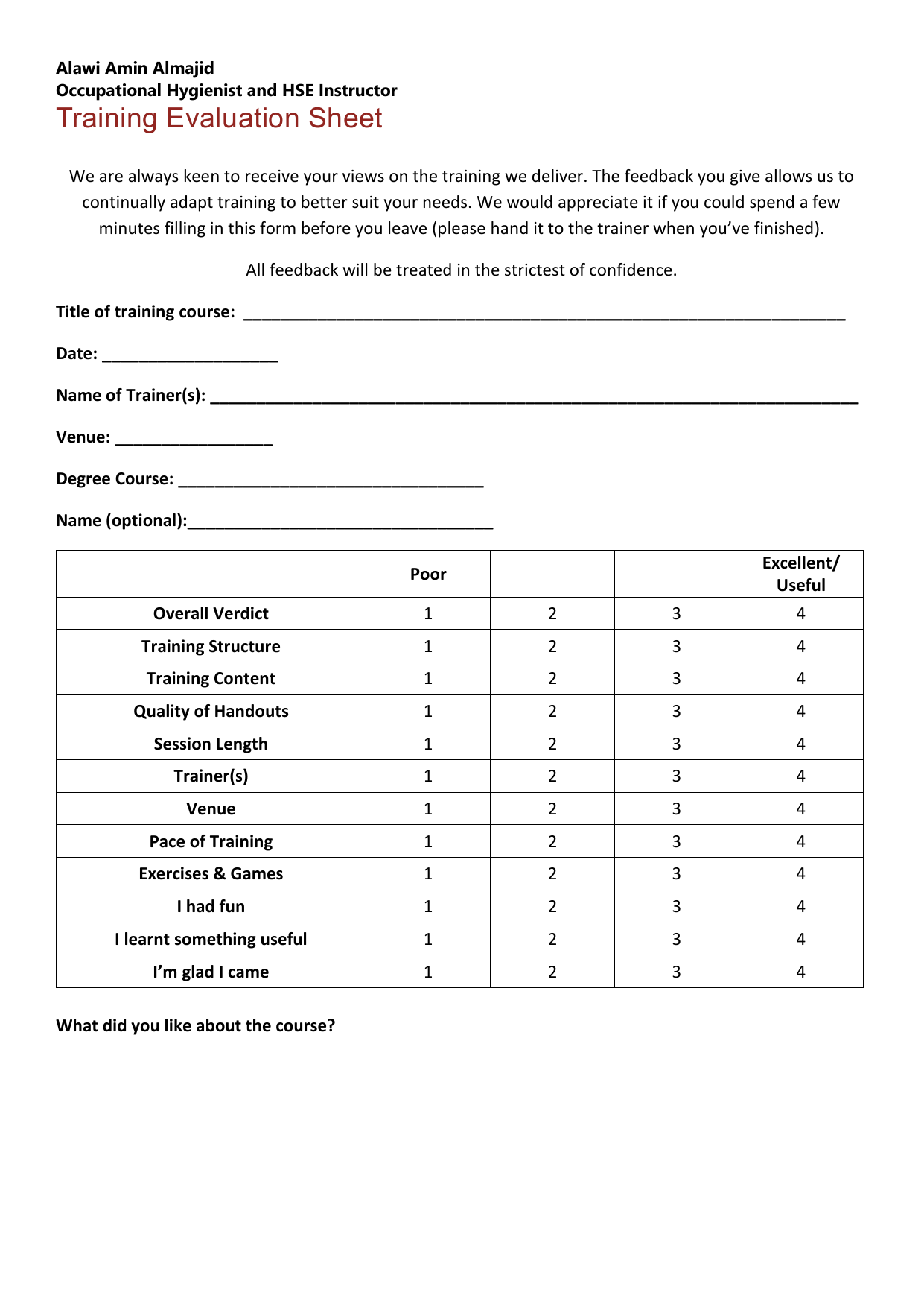 Training Evaluation Sheet