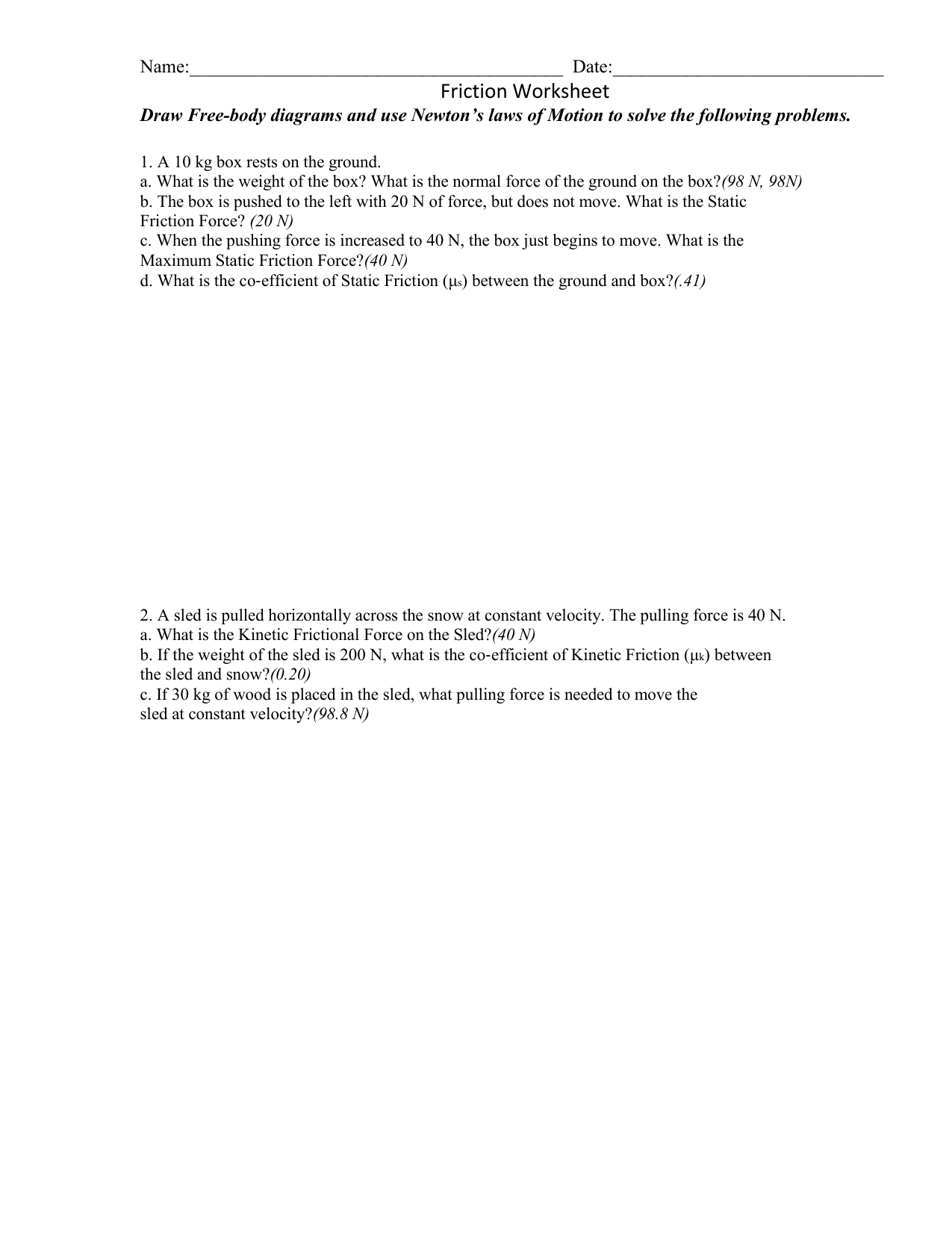 Friction Worksheet 1 Friction Worksheet 1