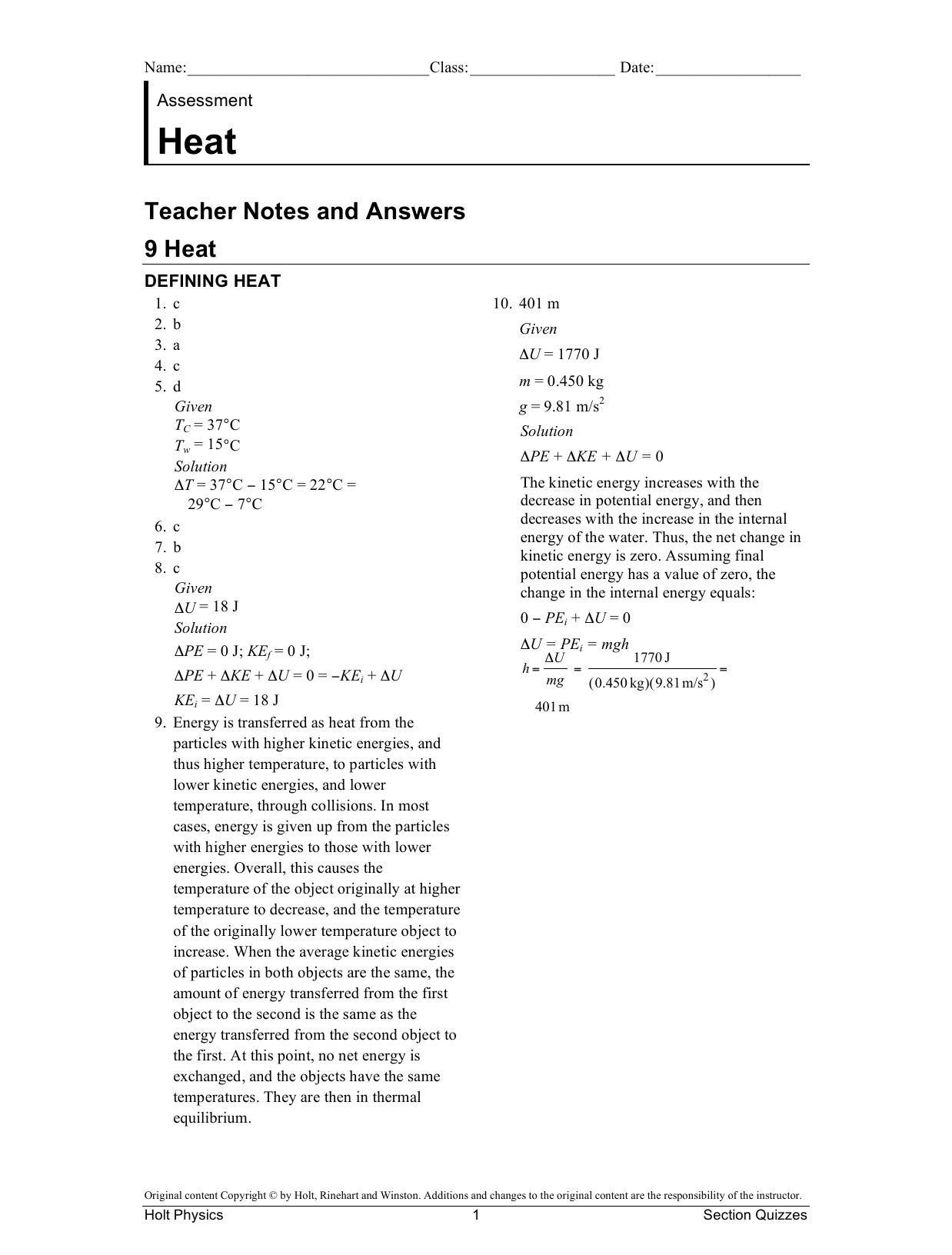 Holt Ch 9 Heat Quiz Holt Ch 9 Heat Quiz
