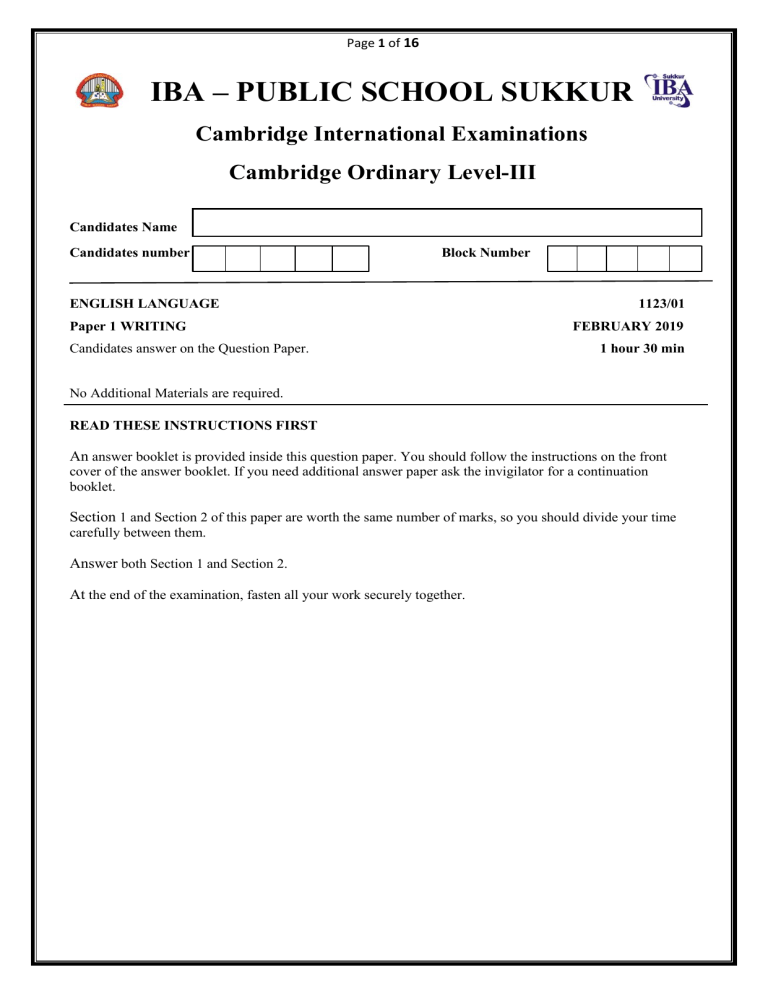 Cambridge O Level English Exam Paper - Writing