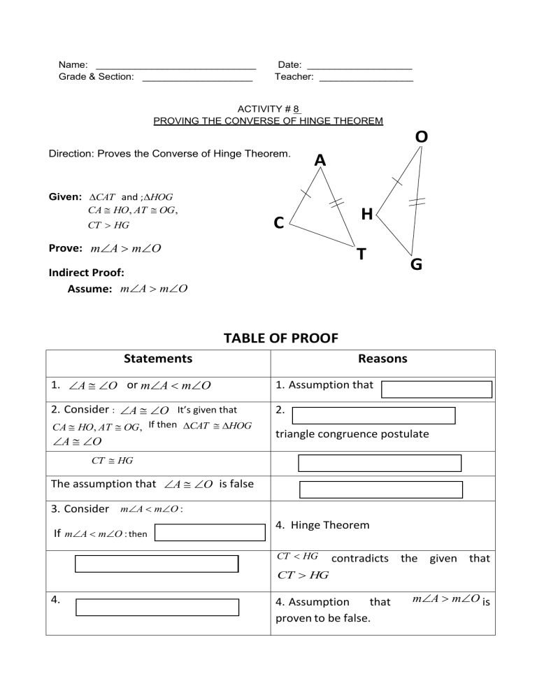 Converse of Hinge Theorem Proof Worksheet