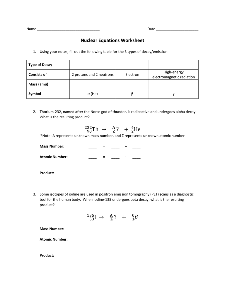 Writing Nuclear Equations Worksheet