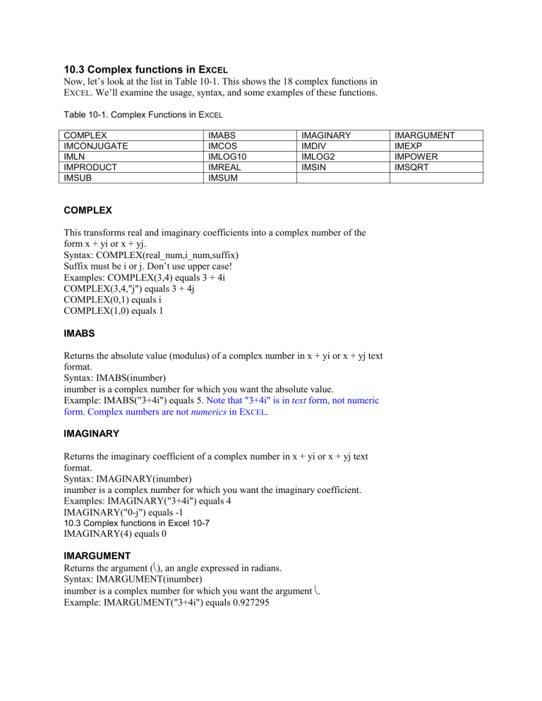 Excel Complex Arithmetic Function Summary