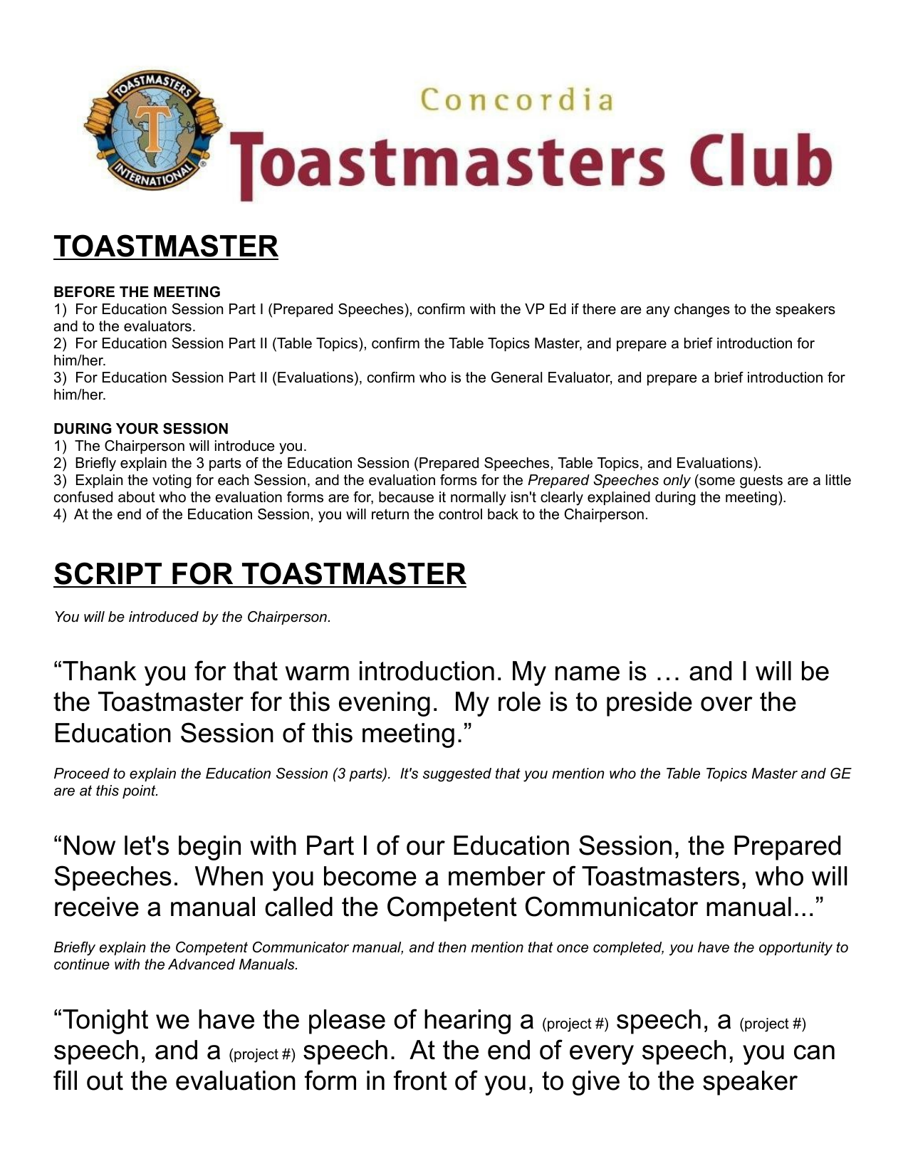 Toastmasters Table Topics Master Script My Bios