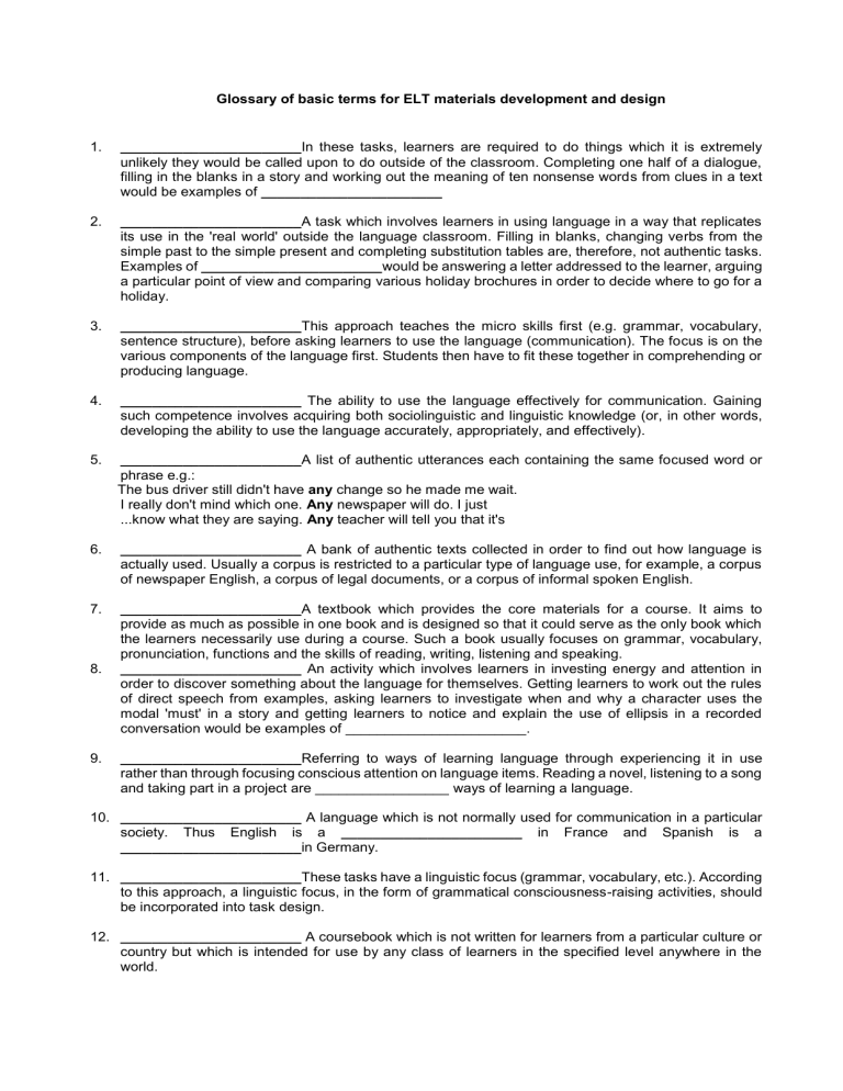 Glossary of basic terms for ELT materials development and design class ...