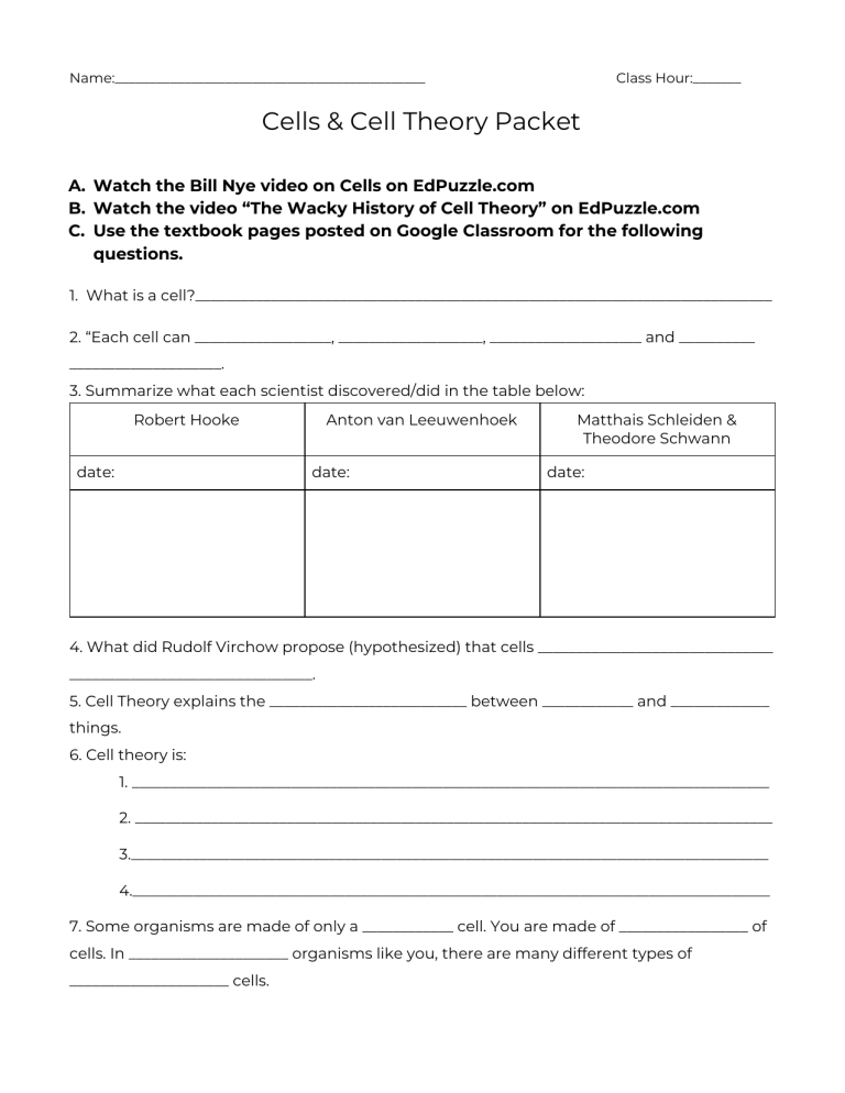Cells Cell Theory Packet