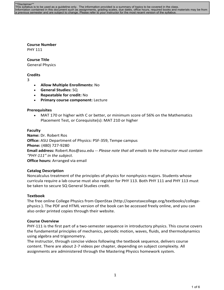 PHY 111 General Physics Syllabus