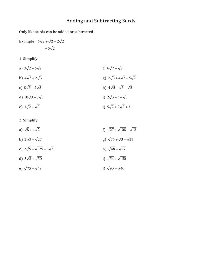 Adding And Subtracting Surds