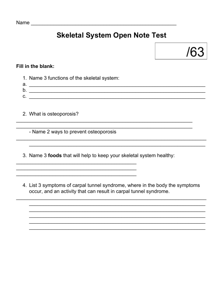 Skeletal System Test Skeletal System Test