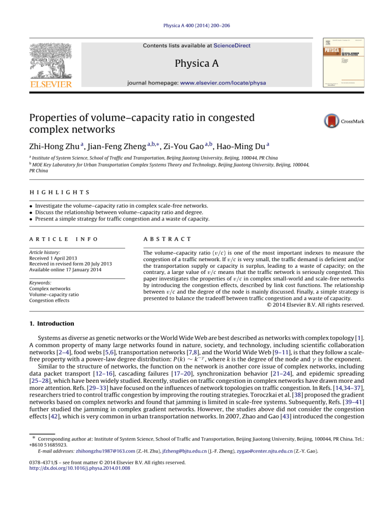Volume-Capacity Ratio in Congested Complex Networks
