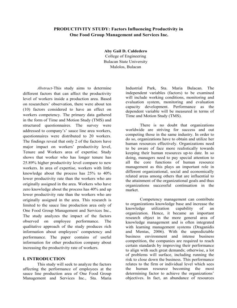 Productivity Factors in Food Production: A Study