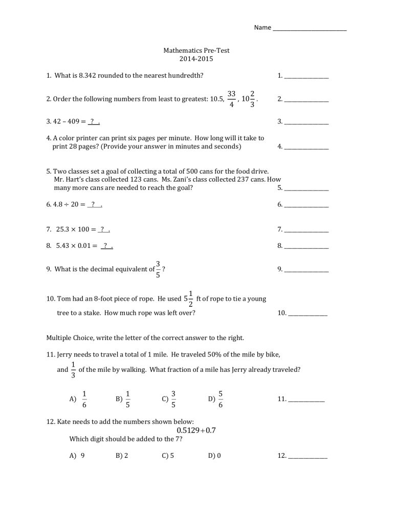 Upper Level Math Pre test