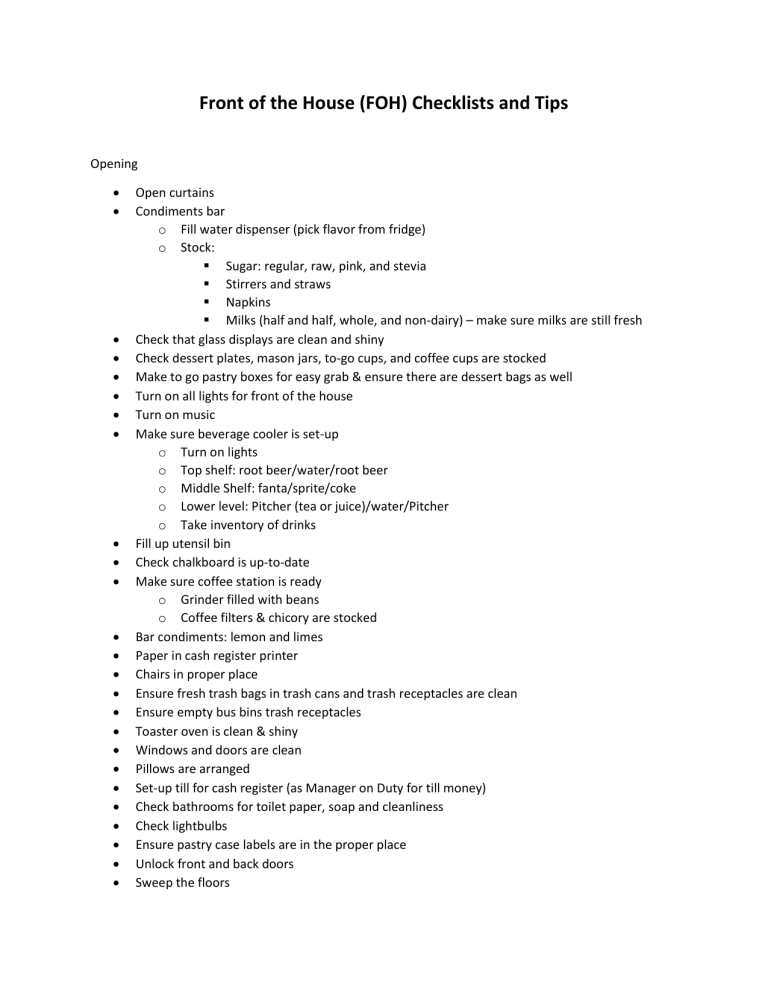 FOH Opening Closing Checklist