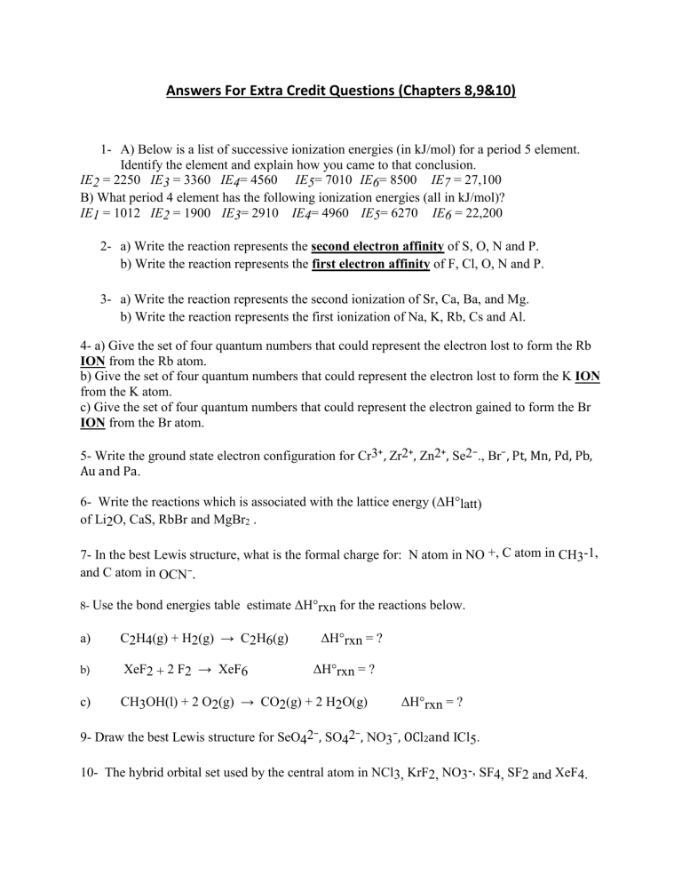 Chemistry Extra Credit Questions: Chapters 8, 9 & 10