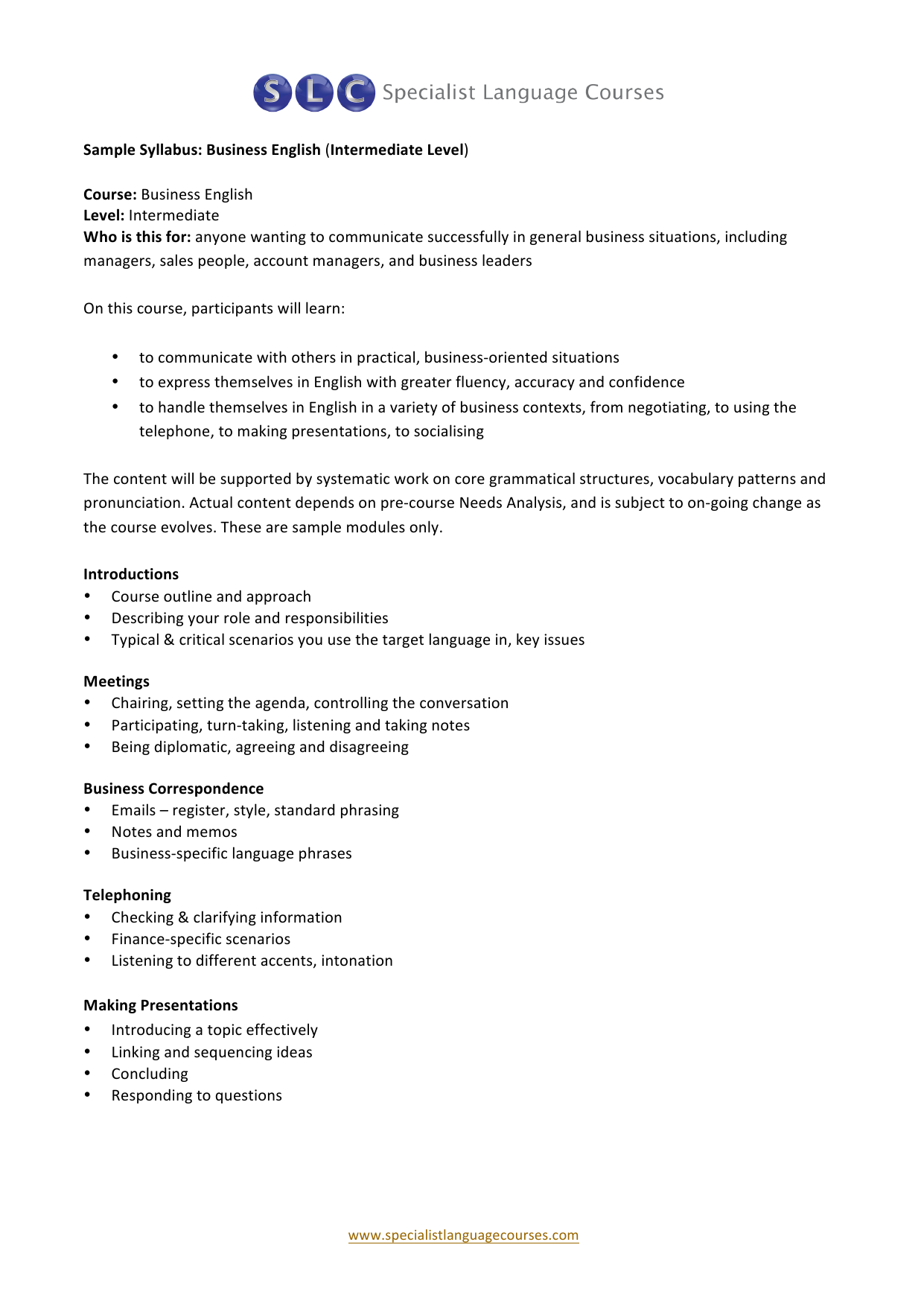 Sample Syllabus Business English