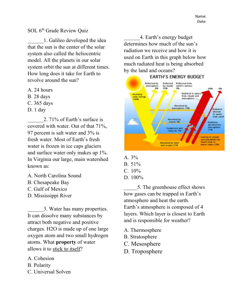 SOL 6th Grade Review Quiz SOL 6th Grade Review Quiz