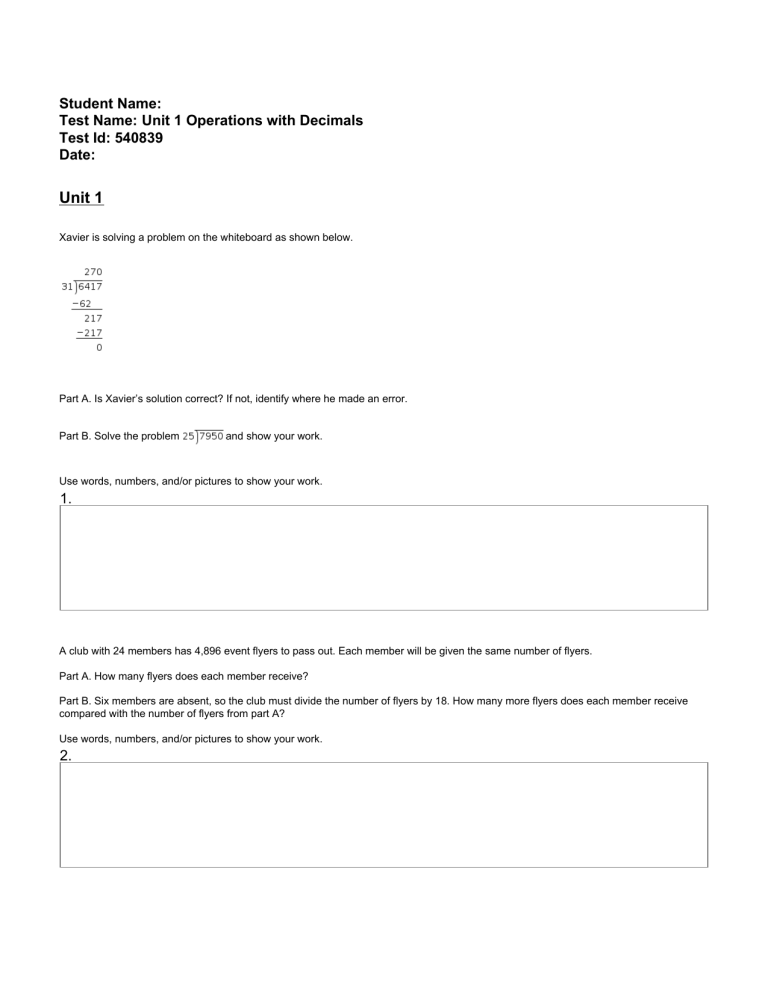 6th Grade Operations With Decimals Exam