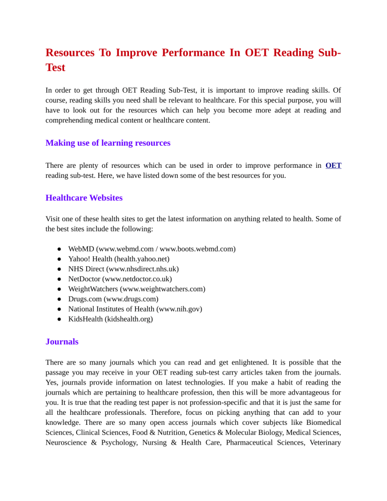 Resources To Improve Performance In OET Reading Sub Test