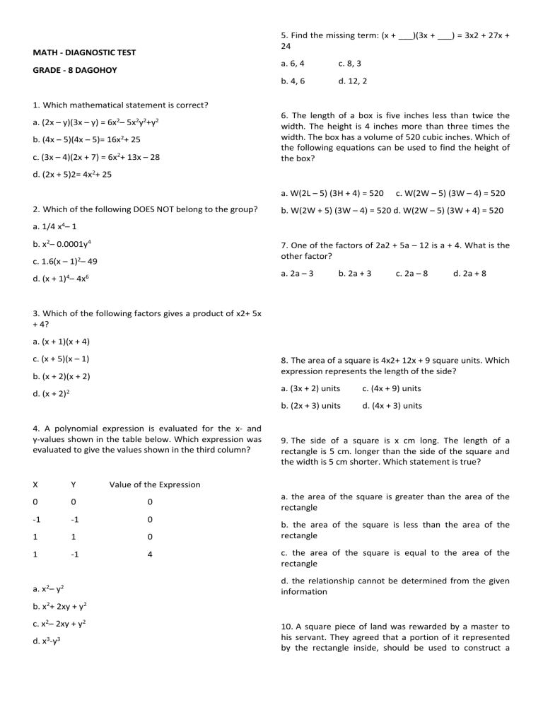 Diagnostic Test Math Diagnostic Test Math