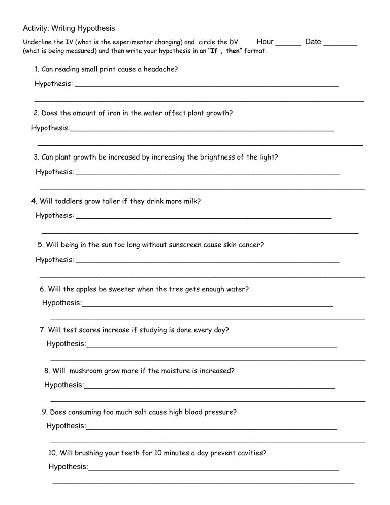 Hypothesis Writing Worksheet