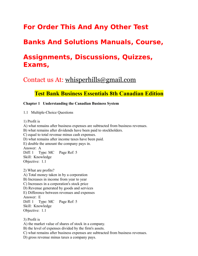 Business Essentials Test Bank: Canadian Business System