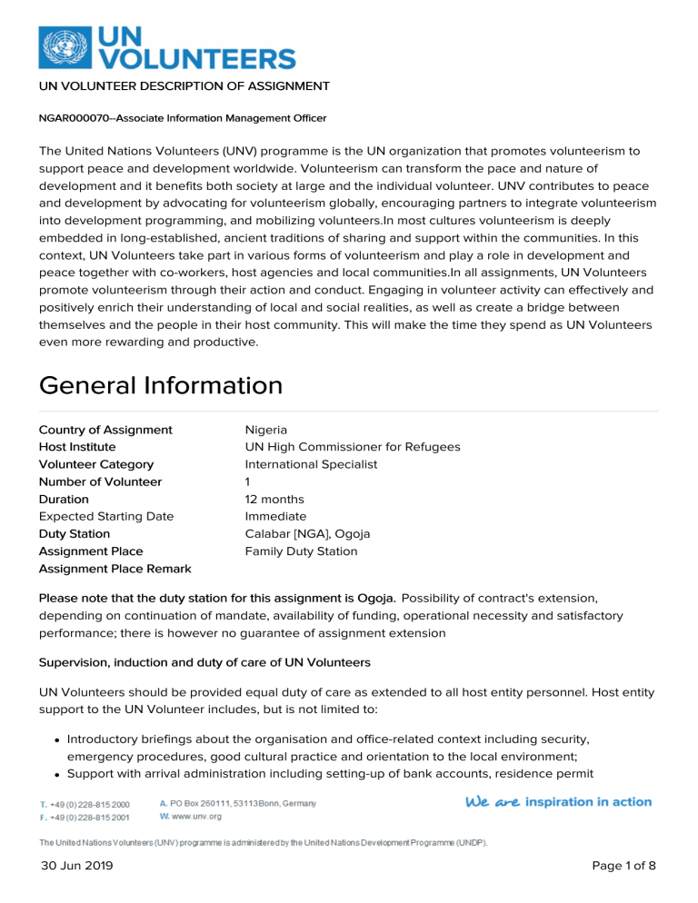 UN Volunteer Assignment: Information Management Officer, Nigeria
