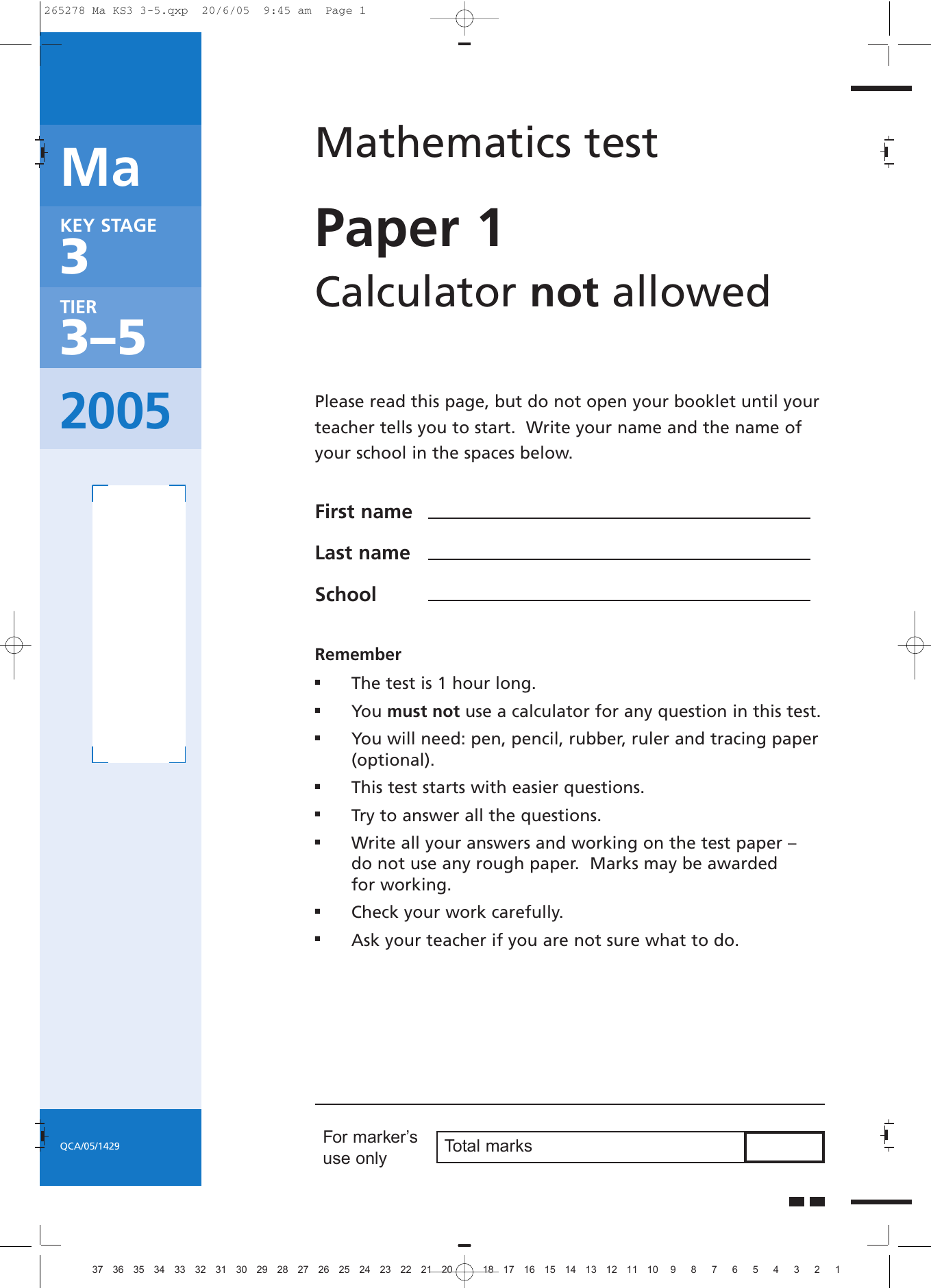 Ks3 maths sat paper 2005 35 Paper1 Ks3 maths sat paper 2005 35 Paper1