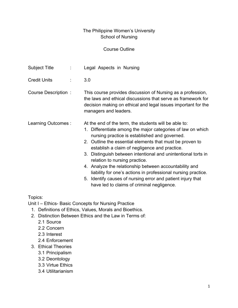 Legal Aspects in Nursing Course Outline - Ethics & Law