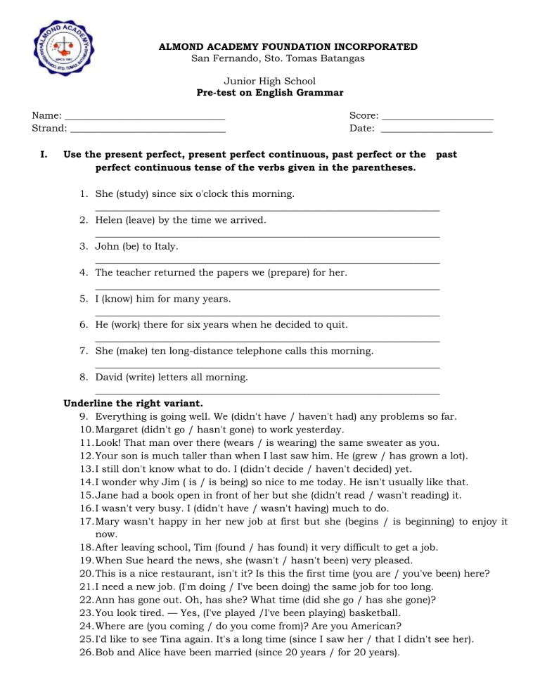 Pre test On English Grammar For Grade 10 Pre test On English Grammar For Grade 10