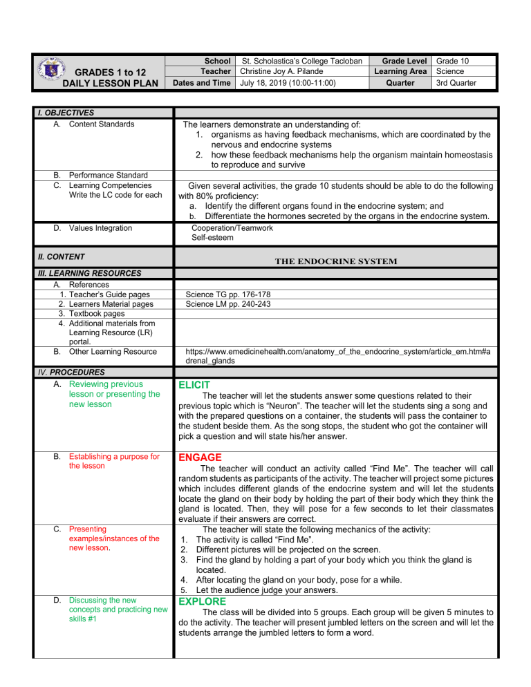 Endocrine System Lesson Plan: Grade 10 Science